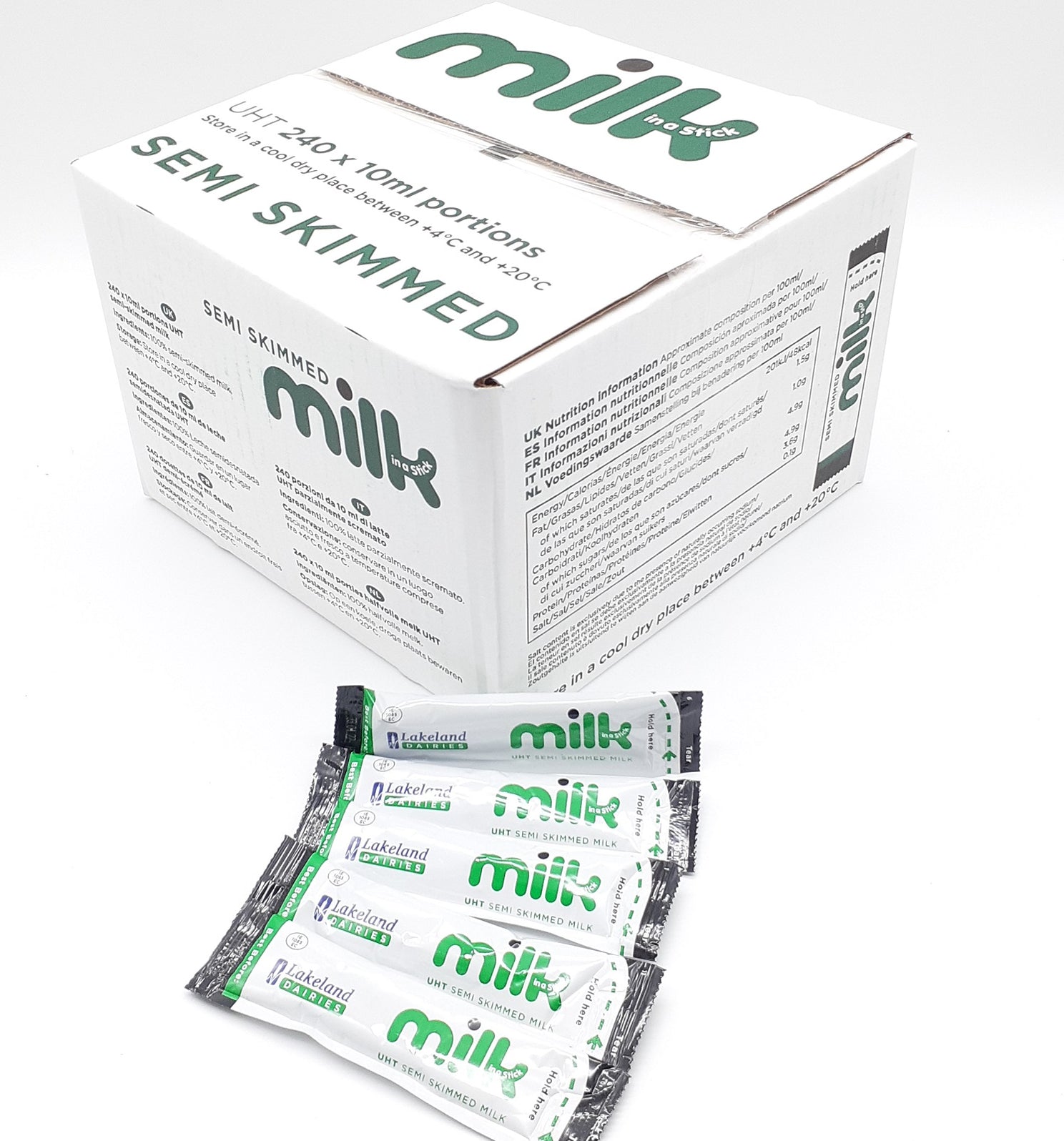 240x Semi Skimmed Whole Milk 10ml Sticks Long Life Portions Sachets La ...